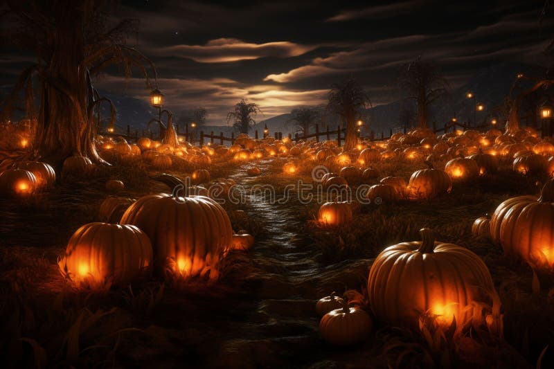 Enchanted Pumpkin Patch Glowing Pumpkins in a Stock Illustration ...