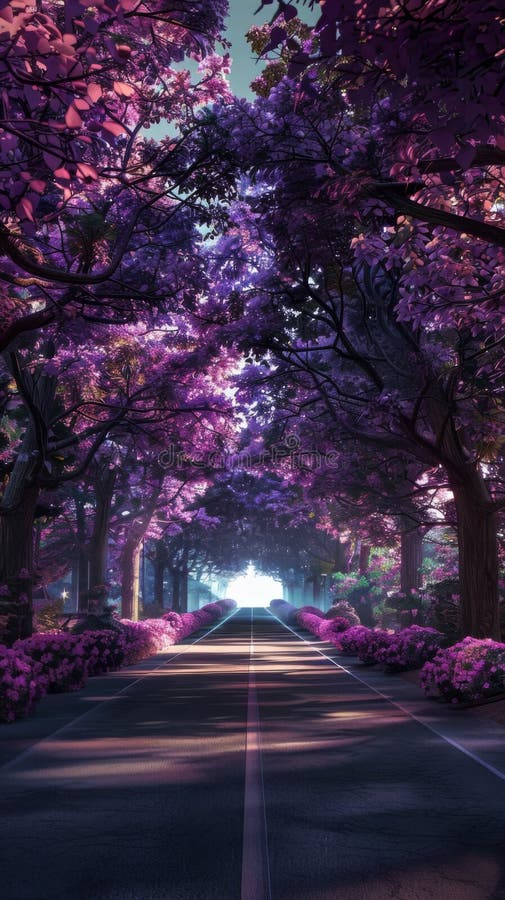 Enchanted Purple Forest Pathway with Glowing Light at the End Stock ...