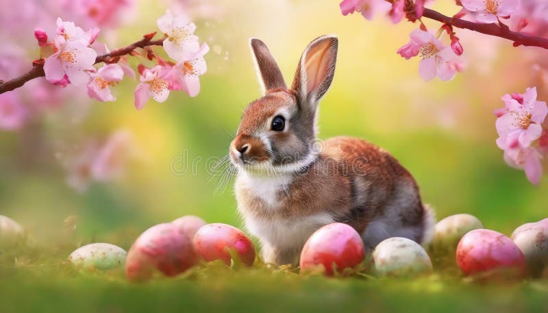 Enchanted Rabbit Amidst Easter Eggs Under Blooming Branches. Furry ...