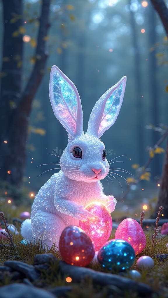 Enchanted Rabbit with Glowing Ears Amidst Magical Forest Landscape ...