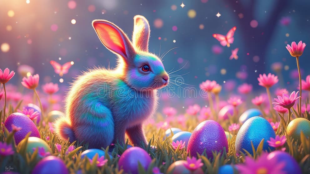 Enchanted Rabbit among Vibrant Easter Eggs in a Magical Flower Meadow ...