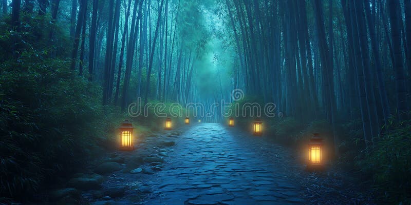 Enchanted Rain Forest Path Magical Night Image Stock Illustration - Illustration of rain ...