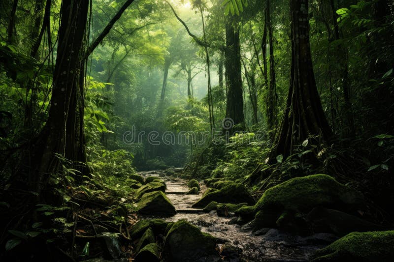 Enchanted Rainforest Pathway at Dawn Stock Illustration - Illustration ...
