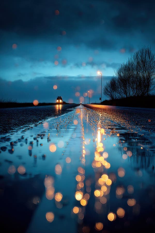 Enchanted Rainy Night Road Reflection Stock Illustration - Illustration ...