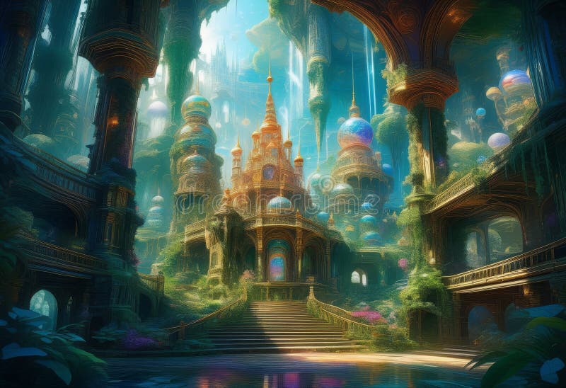 Into the Enchanted Realm of a Timeless Space Palace Stock Illustration ...
