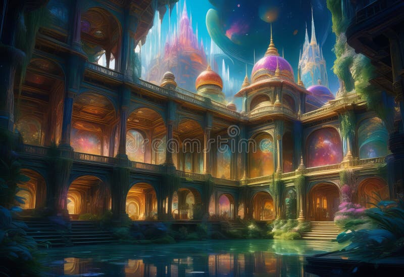 Into the Enchanted Realm of a Timeless Space Palace Stock Illustration ...