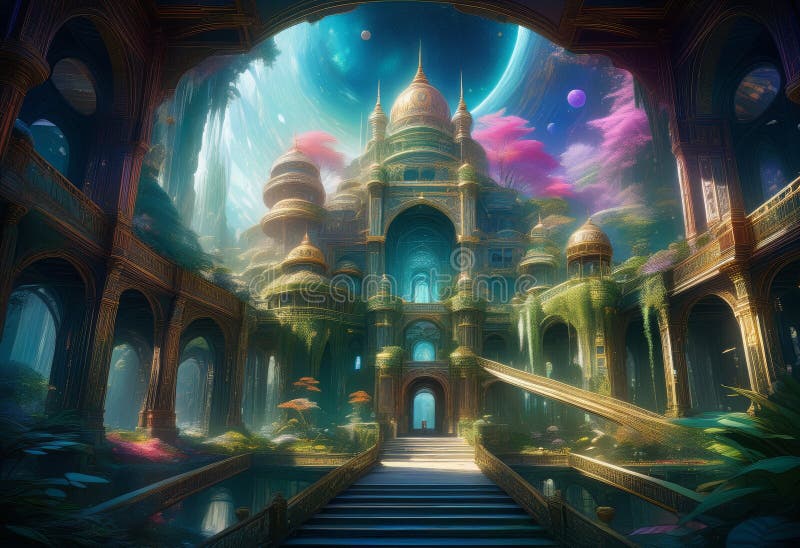 Into the Enchanted Realm of a Timeless Space Palace Stock Illustration ...