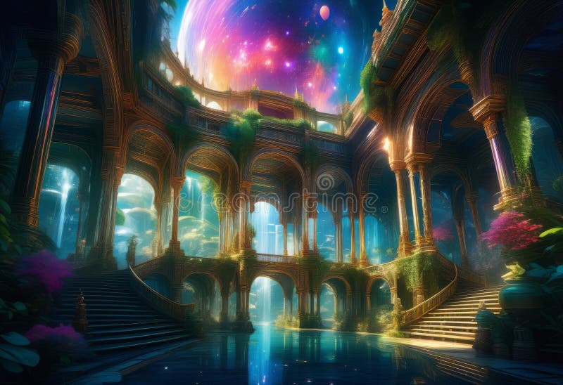 Into the Enchanted Realm of a Timeless Space Palace Stock Illustration ...