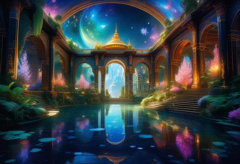 Into the Enchanted Realm of a Timeless Space Palace Stock Illustration ...