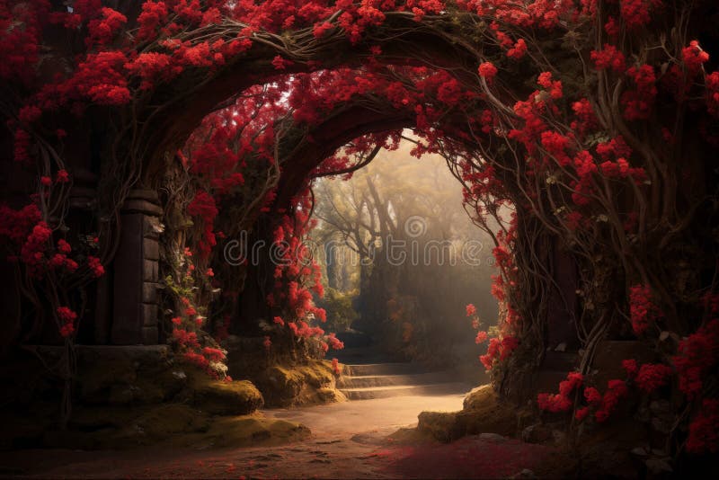 Enchanted Red Flower Arch in a Magical Forest Stock Image - Image of ...