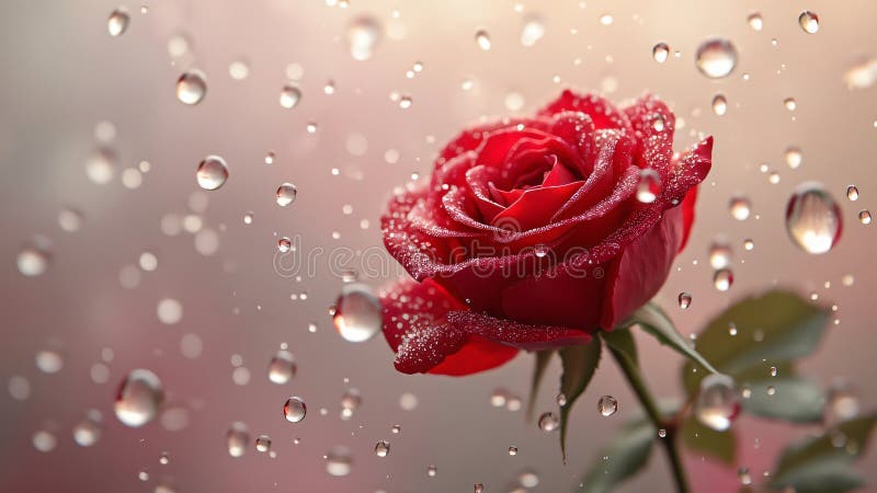 Enchanted Red Rose, Raindrops, Silver Threads, Pastel Background ...