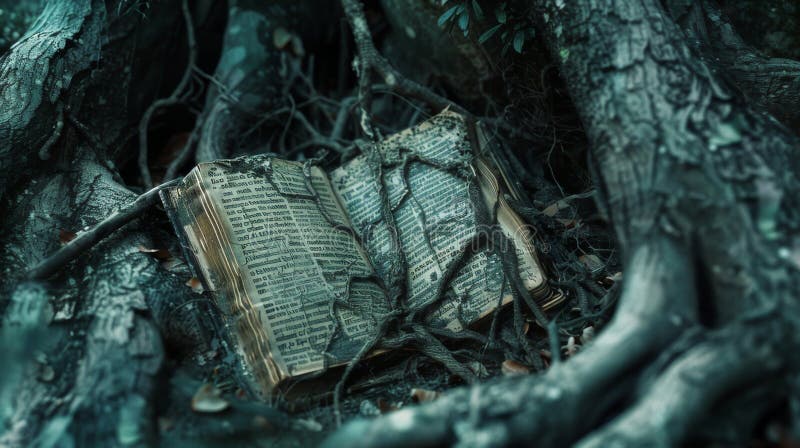 Enchanted Relic: Ancient Book Concealed by Twisting Tree Roots Stock ...