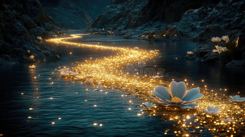 Enchanted River with Glowing Flowers Under Moonlight. Happy St Stock ...