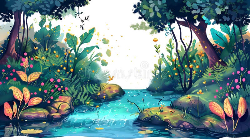 Enchanted River with Glowing Plants Stock Illustration - Illustration ...