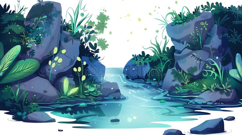 Enchanted River with Glowing Plants Stock Illustration - Illustration ...