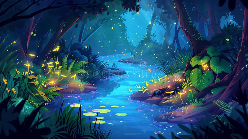 Enchanted River with Glowing Plants Stock Illustration - Illustration ...