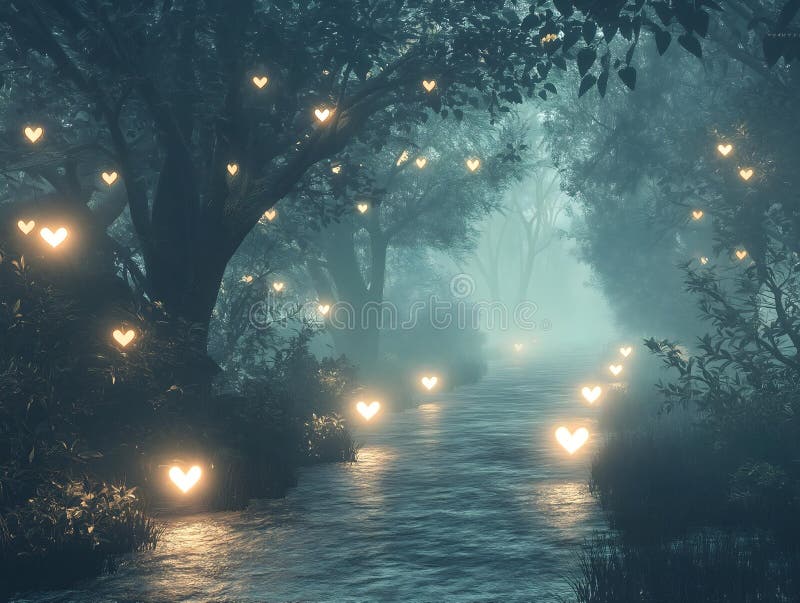 Enchanted River Path Lit by Magical Heart Lights in a Mystical Twilight ...