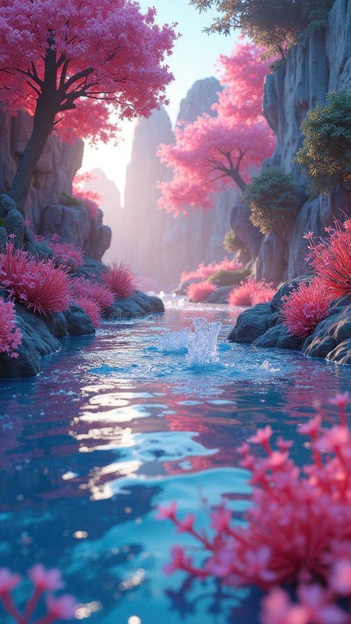 Enchanted River in a Serene Valley with Vibrant Pink Blossom Trees and ...
