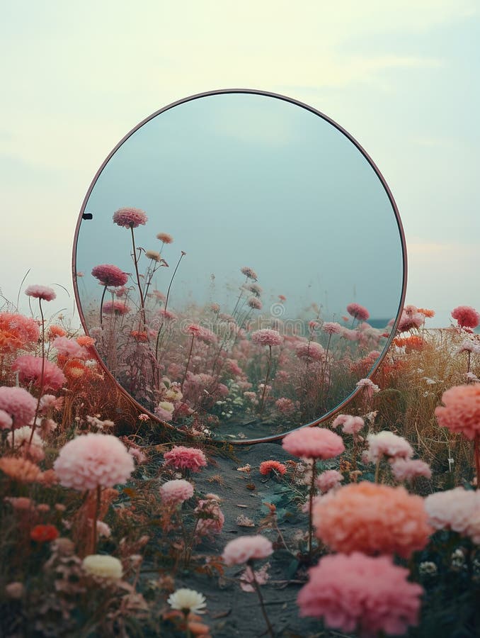 Enchanted Round Mirror Amidst a Blooming Flower Field Stock ...