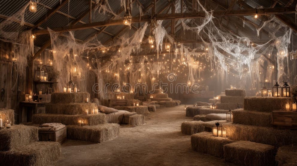 Enchanted Rustic Barn Interior with Candles and Cobwebs Stock ...