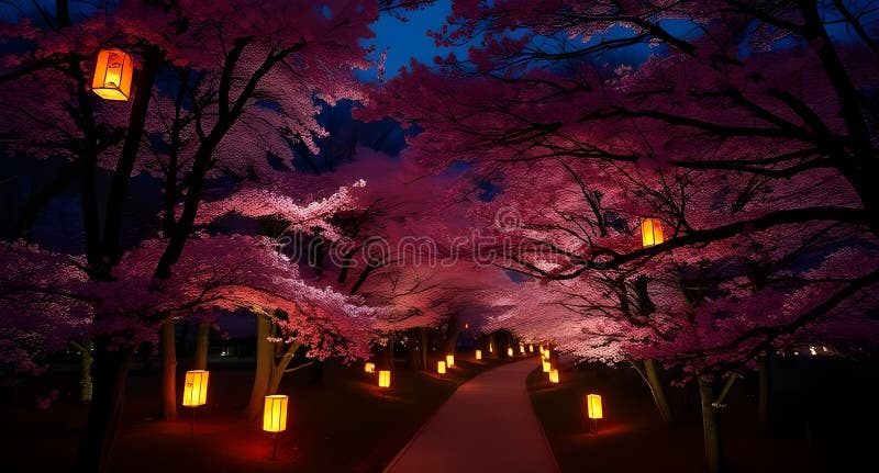 Enchanted Sakura Forest with Glowing Lanterns at Night AI Generated ...