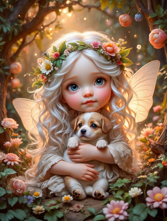 Enchanted Scene with Fantasy Character Hugging Puppy Stock Image ...