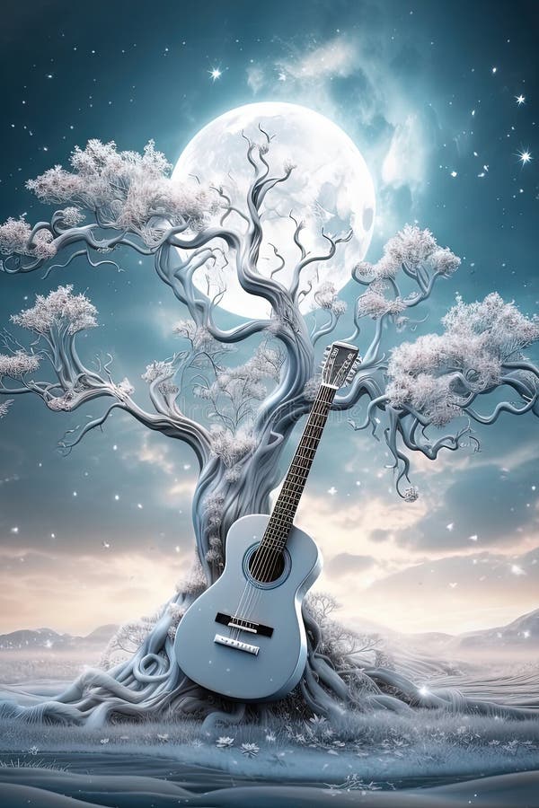 Enchanted Scene of Guitar Leaning Against Whimsical Tree Under Moon ...