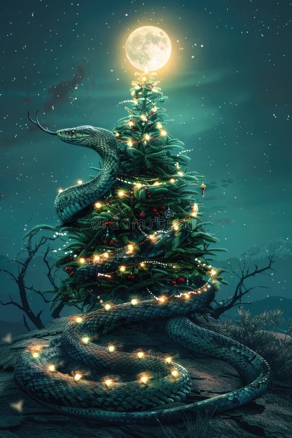 Enchanted Serpent Twining Around Magical Christmas Tree Under Moonlight ...