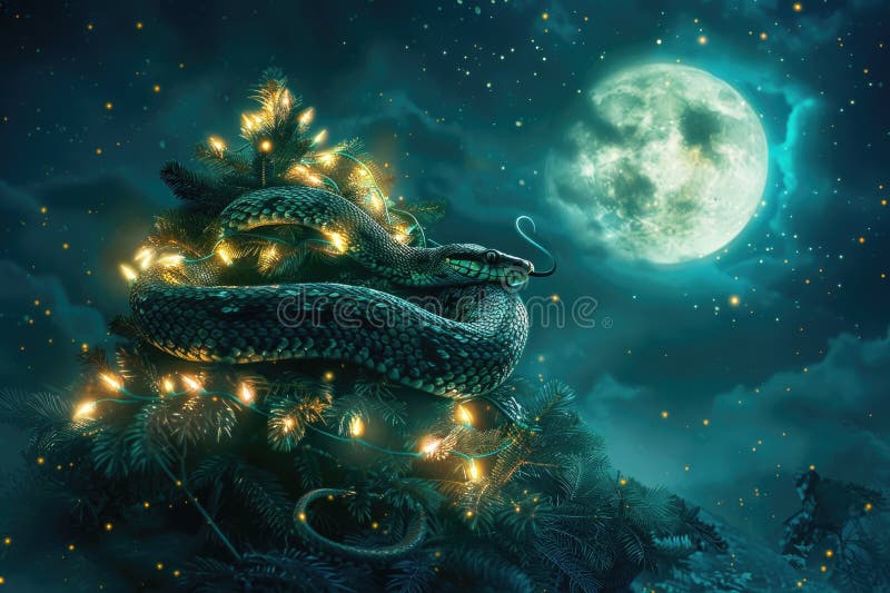 Enchanted Serpent Twining Around Magical Christmas Tree Under Moonlight ...