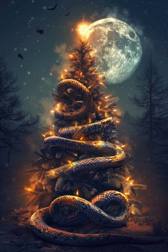 Enchanted Serpent Twining Around Magical Christmas Tree Under Moonlight ...
