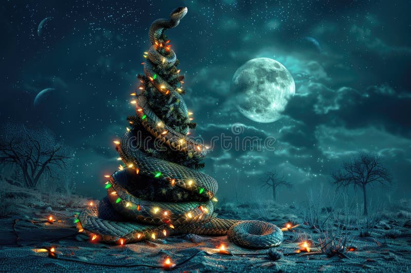 Enchanted Serpent Twining Around Magical Christmas Tree Under Moonlight ...