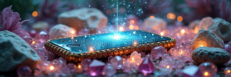 Enchanted Smartphone Surrounded by Magical Gemstones and Sparkling Glow ...