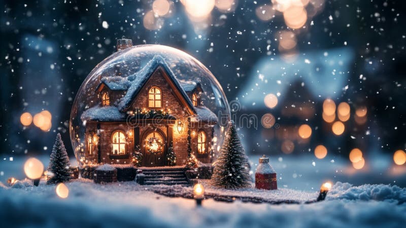 Enchanted Snow Globe Winter Scene with Miniature House Stock ...