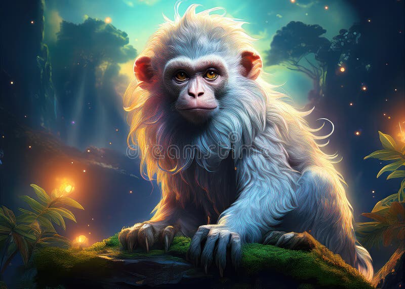 Enchanted Snow Monkey in Mystical Forest Stock Illustration ...