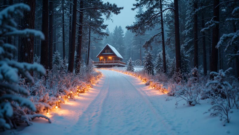 Enchanted Snowy Forest Path To Cozy Cabin with Christmas Lights Stock ...