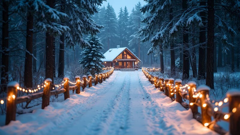 Enchanted Snowy Forest Path To Cozy Cabin with Christmas Lights Stock ...