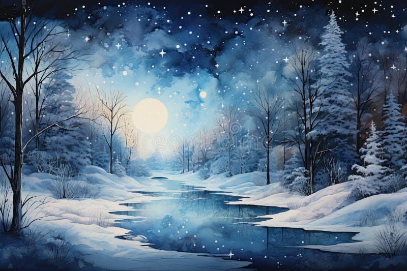 Enchanted Snowy Forest in Silvery Moonlight Stock Illustration ...