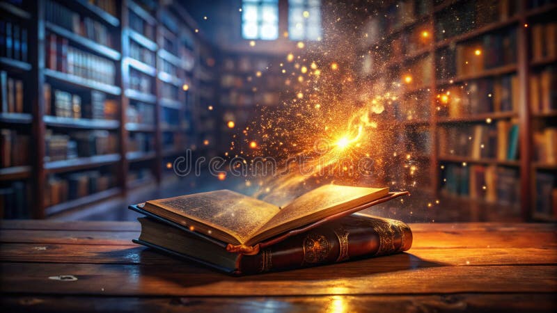 An Enchanted Spellbook Glows with Golden Light on an Aged Library Table ...