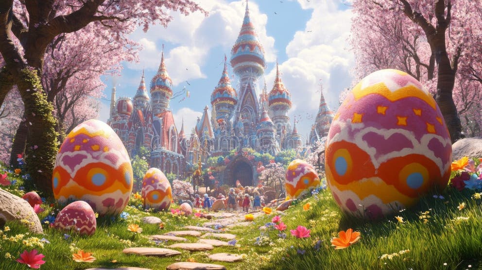 Enchanted Spring Castle with Giant Decorated Eggs Stock Illustration ...