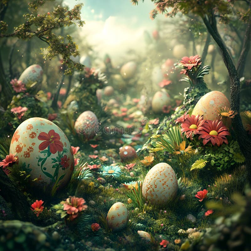 Enchanted Spring Floral Easter Eggs Fantasy Path Art Cute Magic Scene ...