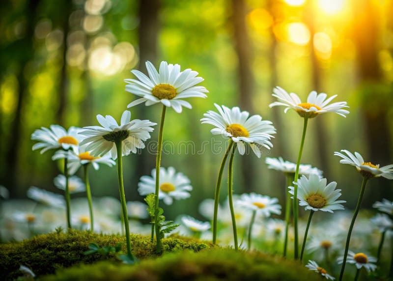 Enchanted Spring Forest a CloseUp View of Delicate Daisies in Soft ...