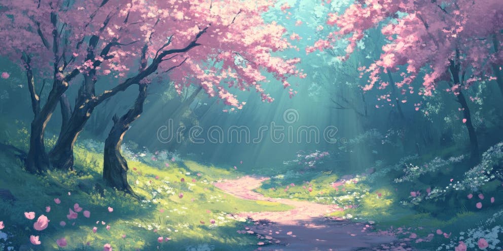 Enchanted Spring Forest Pathway Stock Illustration - Illustration of ...