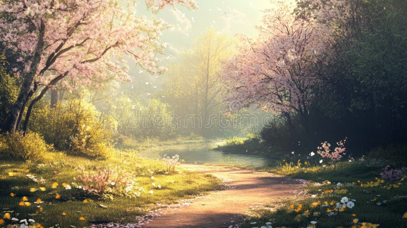 Enchanted Spring Forest Pathway Stock Illustration - Illustration of ...