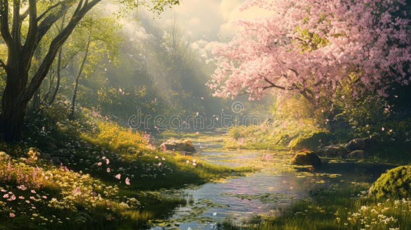 Enchanted Spring Forest with Pink Blossoms and Sunlit Stream Stock ...