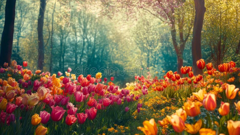Enchanted Spring Garden with Blooming Tulips Stock Illustration ...