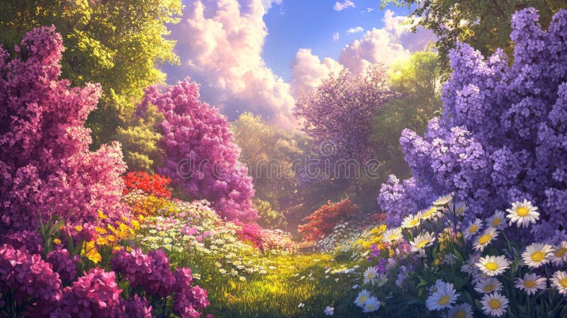 Enchanted Spring Garden Path Stock Illustration - Illustration of lush ...