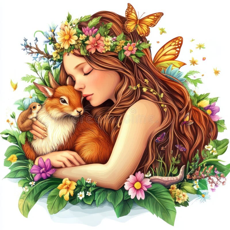 Enchanted Spring Illustration, a Girl, Flowers, and Rabbits Stock Image ...