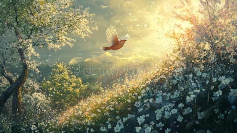 Enchanted Spring Landscape with Bird in Flight Stock Illustration ...