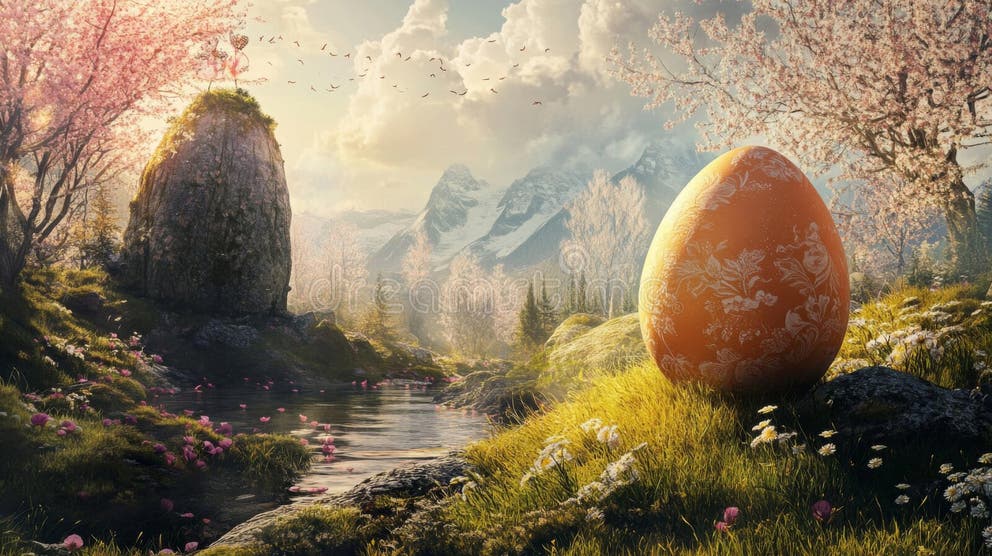 Enchanted Spring Landscape with Giant Decorated Egg Stock Illustration ...