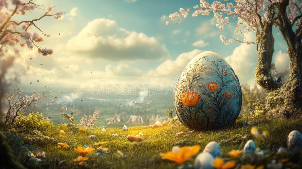 Enchanted Spring Landscape with Ornate Easter Egg Stock Illustration ...